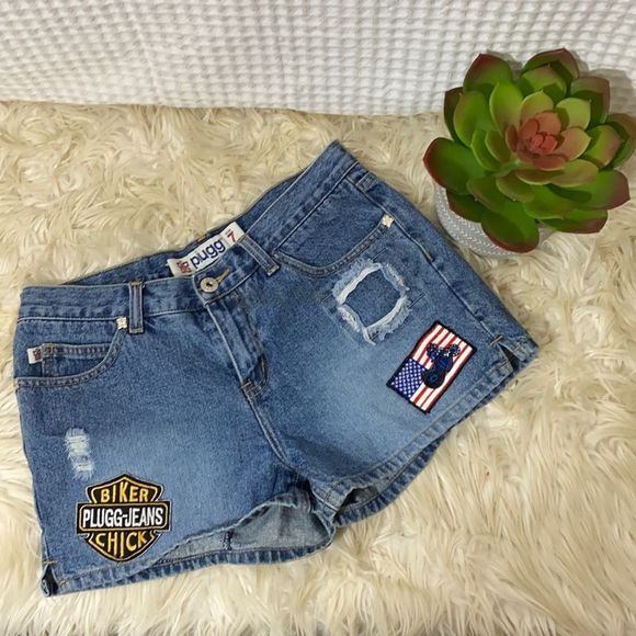 Plugg | Shorts | Pluggvintage Denim Biker Chickpatch Shorts | Poshmark